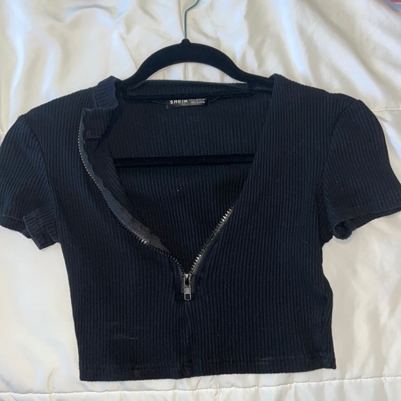 SHEIN | Tops | Shein Black Ribbed Zipper Front Crop Top | Poshmark